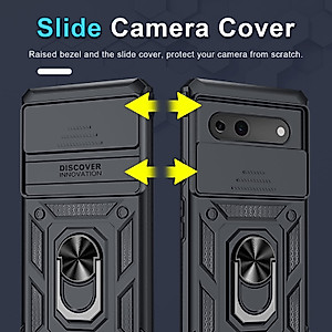 Janmitta Google Pixel 7a Case Built in Slide Camera Lens Cover+Screen Protector [2 Pcs]+Finger Ring Holder Kickstand,Heavy Duty Shockproof Full Body Protective Cover,2023 Black