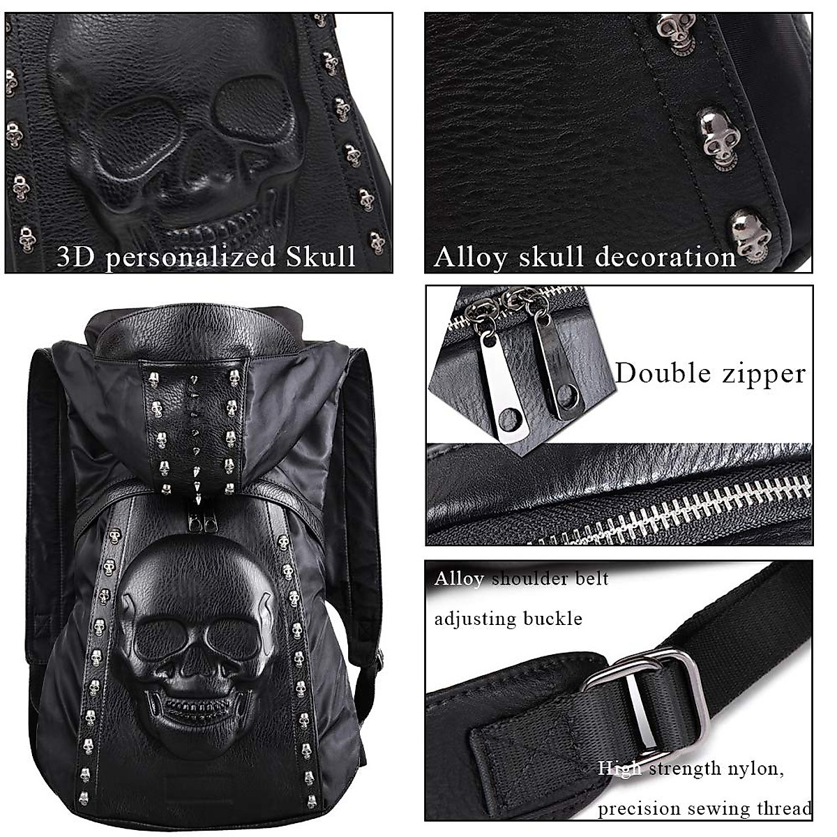 Chikencall Skull Backpack Hooded Skull Gothic Rucksack Rivet Studded Zipper Shoulder Purse Black Punk Metal 3D Stereo Daypack