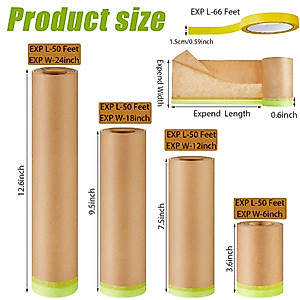 Leinuosen 8 Rolls Masking Tape Sets Includes 6 Assorted Sizes Paint Masking Paper and 2 Vehicles Auto Body Paint Tape Yellow Adhesive Painter Tape Automotive Tape for Car, Furniture, Floor