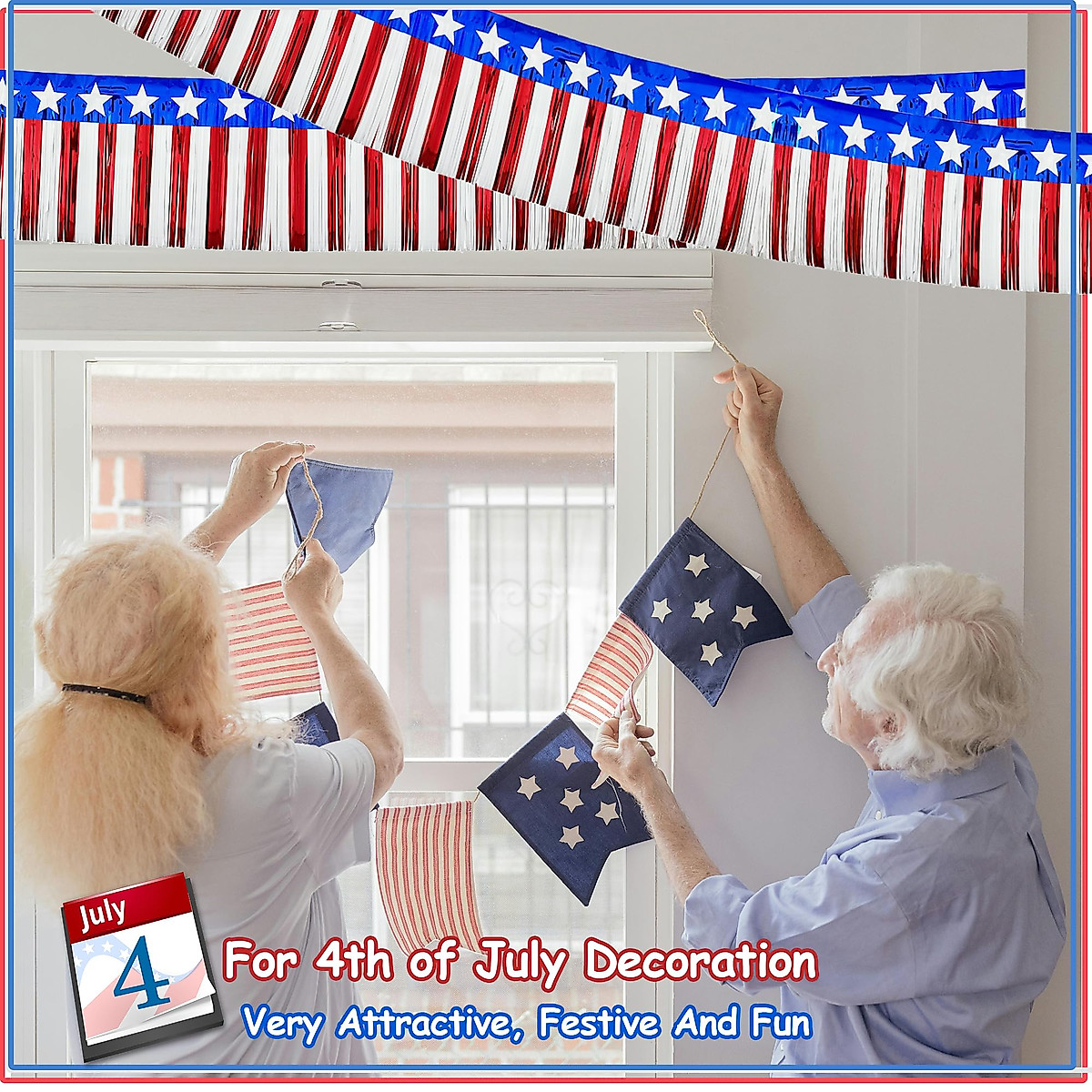 8 Pack Parade Floats Foil Fringe, Each 10 ft x 15'' American Flag Stripes and Stars Tinsel Patriotic foil Fringe Garland for 4th of July Trailer Car Graduation Homecoming Party(8 Pack)…