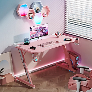Shahoo PC Gaming Desk 44 Inch Z Shaped Carbon Fiber Surface Desktop Computer Table with Cup Holder & Headphone Hook, 44 in, Pink