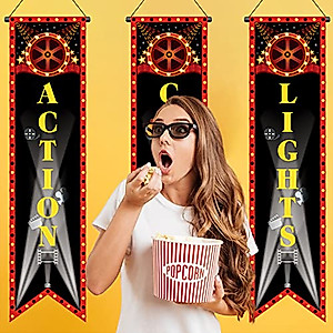 3Pcs Movie Night Porch Sign Banner Movie Theme Party Decorations Movie Theater Welcome Now Showing Lights Camera Action Hanging Porch Sign for Home Film Backdrop Party Supplies