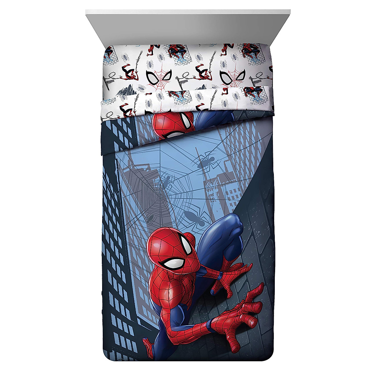 Jay Franco Marvel Spiderman Crawl 4 Piece Twin Bed Set - Includes Reversible Comforter & Sheet Set Bedding - Fade Resistant Microfiber - (Official Marvel Product), Multi - Spiderman