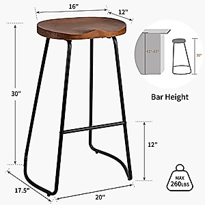 HeuGah Bar Stools, Solid Wood Barstools Set of 2, 30" Bar Height Bar Stools with Metal Leg, Rustic Backless Bar Stools for Kitchen Island, Bar Chairs with Solid Wood Saddle Seat (Walnut, 30 Inch)
