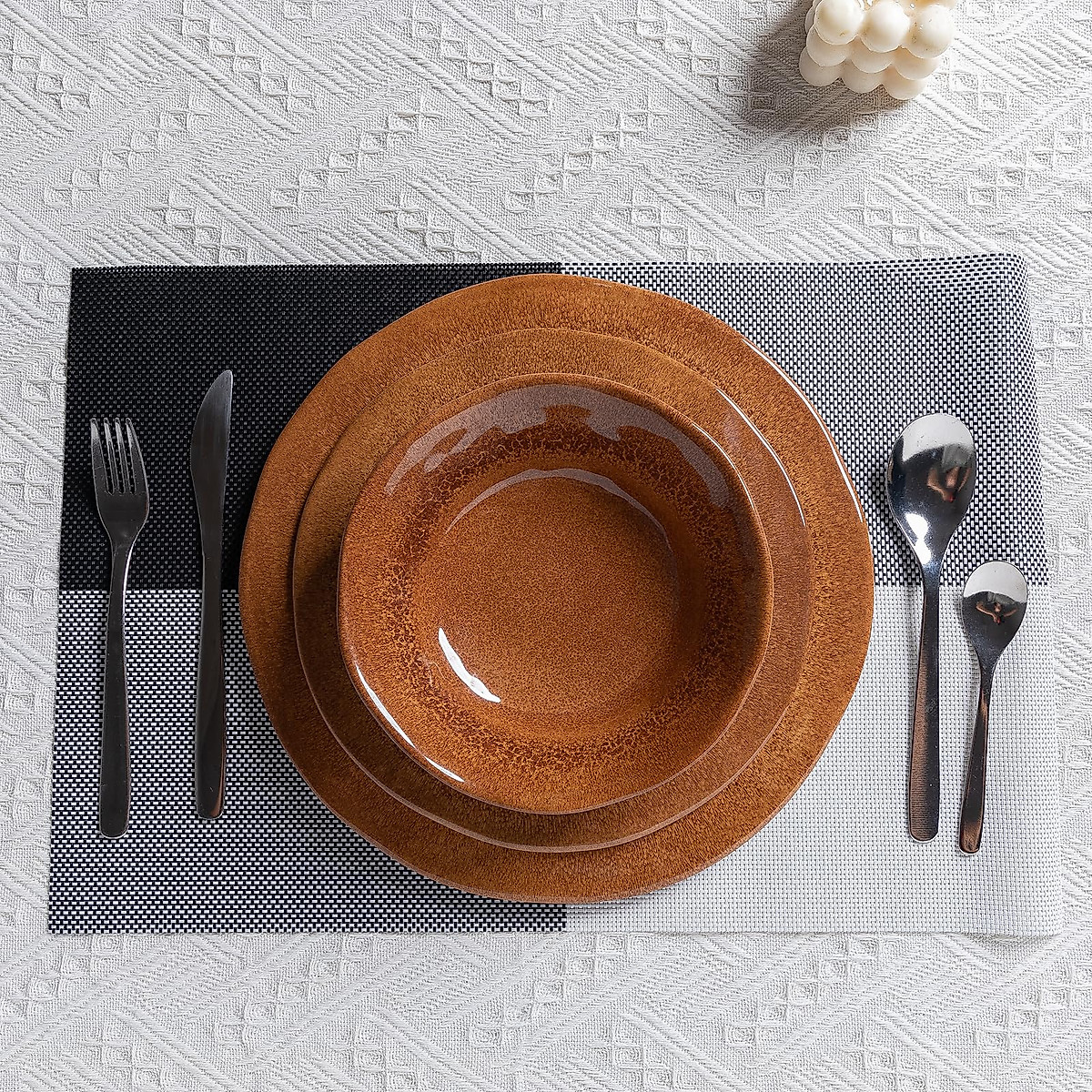 LEHAHA Brown Dishes Melamine Dinnerware Sets, 12 Piece Plates and Bowls Sets for 4, Unbreakable outdoor dishes dinnerware sets for Picnic, Camping and Eentertaining Dishes Set Service For 4