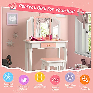 Costzon Kids Vanity Table and Chair Set, Girls Vanity Set with Mirror and Stool, Storage Drawer, Wooden Princess Makeup Dressing Table, Toddler Vanity, Pretend Play Vanity Set for Little Girls