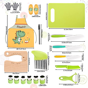 13 PCS Wood Kids Kitchen Knife Set, Safe Fruit Toddler Knifes for Real Cooking, Y Peeler, Children Gloves, Serrated Edges Toddler Knife, Sandwich Cutter, Crinkle Cutter, Plastic Cutting Board