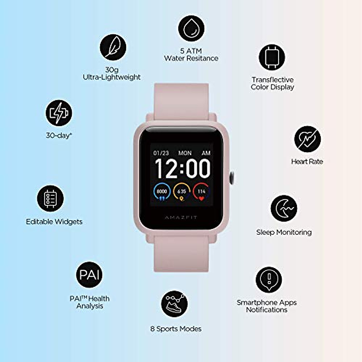 Amazfit Bip S Lite Smart Watch Fitness Tracker for Women, 30 Days Battery Life, 1.28”Always-on Display, 14 Sports Modes, Heart Rate & Sleep Monitor, 5 ATM Water-resistant, for Android iPhone(Pink)