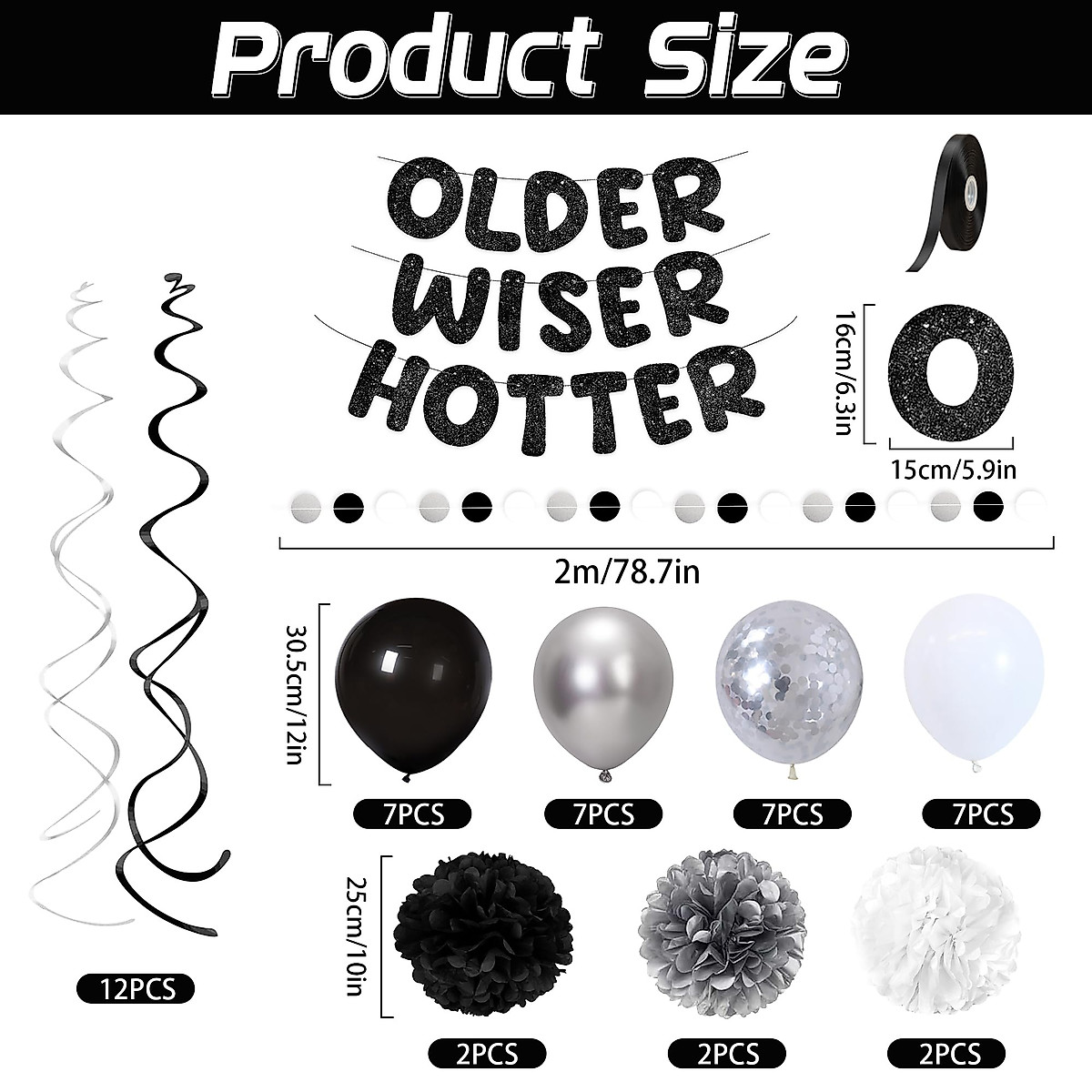 Black and White Birthday Decoration Black and Sliver Party Decorations Birthday Party Decorations for Men Women Banner Balloons Swirls Tissue Pompoms 16th 21st 30th 40th 50th 60th Birthday Supplies