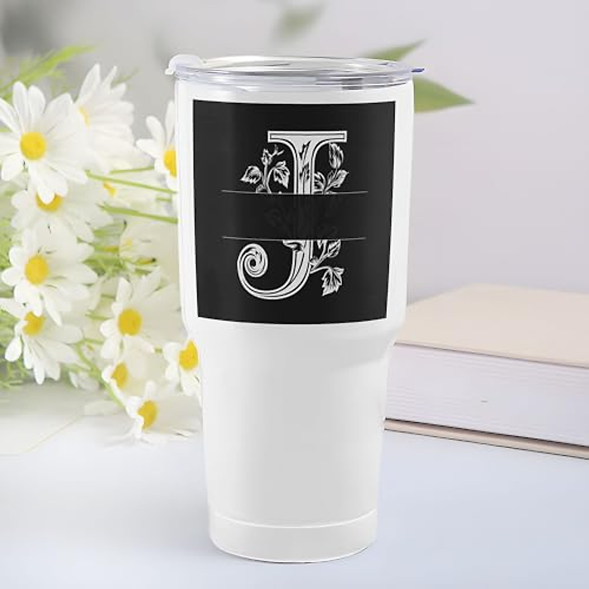 Monogram J Initial Name 30 oz Tumbler with Lid, Stainless Steel Travel Coffee Mug Water Bottle