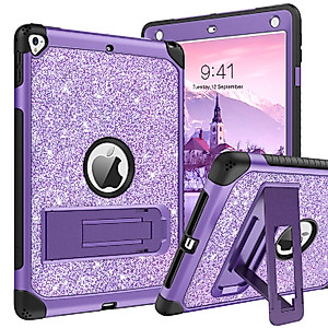 DUEDUE for iPad 9.7 Case 2017/2018, iPad Air 2 Case, iPad 6th/5th Generation Case with Kickstand Glitter Bling 3 in 1 Heavy Duty Hard PC Cover Shockproof Protective Case for iPad Pro 9.7, Purple