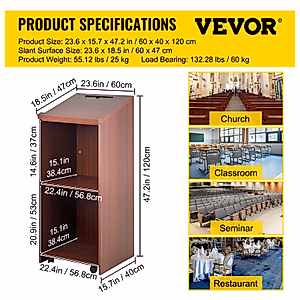 VEVOR Wood Podium, 23.6" x 47.2", Lecterns and Podiums w/ 4 Rolling Wheels, Slant Surface, Baffle Plate & Shelf, Easy Assembly Walnut Lecterns for Church, Office, School, Home