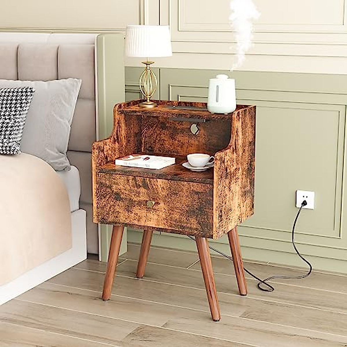 Nightstand with Drawer, Side Table with Charging Station, Mid-Century Modern End Table, 2-Tiers Storage Space Bedside Table with Solid Wood Legs, Brown Night Stand for Living Room, Bedroom