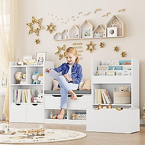 FOTOSOK 72” Kids Bookshelf with Reading Nook, Super Large Toy Storage Organizer with Seat Cushion and 3 Movable Drawers, Kids Reading Nook Toy Organizers and Storage with Bench for Living Room