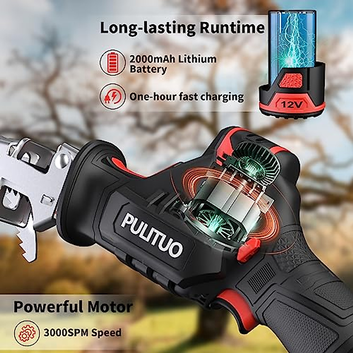 PULITUO Cordless Reciprocating Saw, Speed 3000SPM with Clamping Jaw, Including 2000 mAh/ 1-Hour Fast Charge,Safety Gloves& Goggles, 4Pcs of Saw Blades for Wood