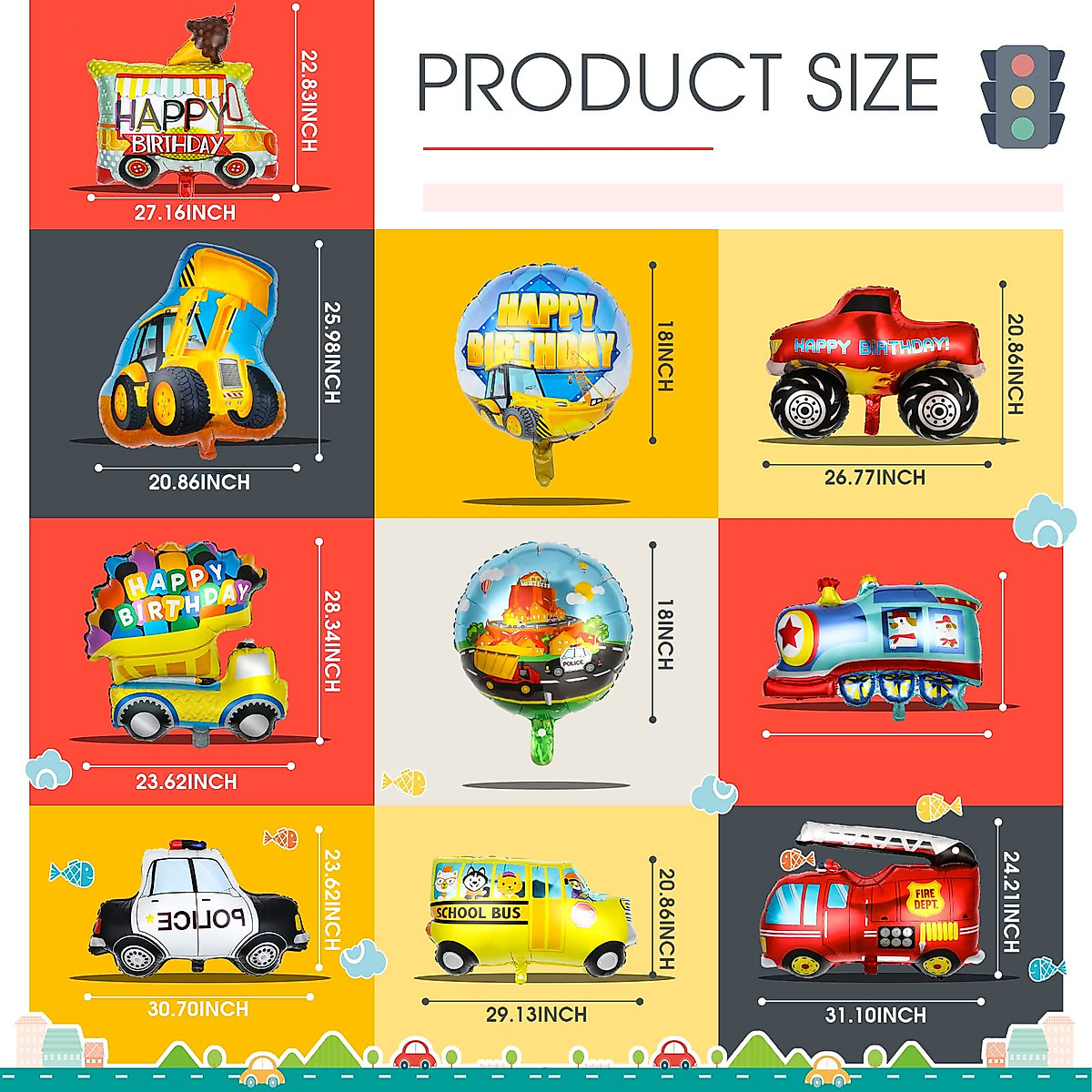 10 Pieces Transportation Birthday Party Decoration for Boys Car Balloons Ice Cream Cart School Bus Fire Truck Train Police Bulldozer Pickup Truck Truck Oval Balloons Foil Balloons