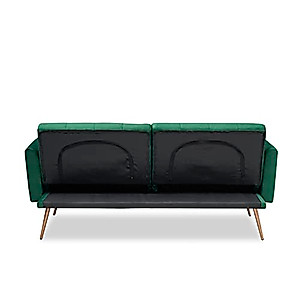 Eafurn Button Tufted Futon Bed, Modern Convertible Loveseat, Comfy Upholstered Folding Sofa & Couches with Armrest for Apartment, Compact Sofabed, Green Velvet 68.3" w/Wood Trim