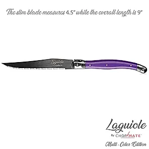 Chopmate - Laguiole Style - Stainless Steel Premium Steak Knife Set - Vibrant Multi Color Edition - 6 Piece Set + Bonus Wood Storage Display Block