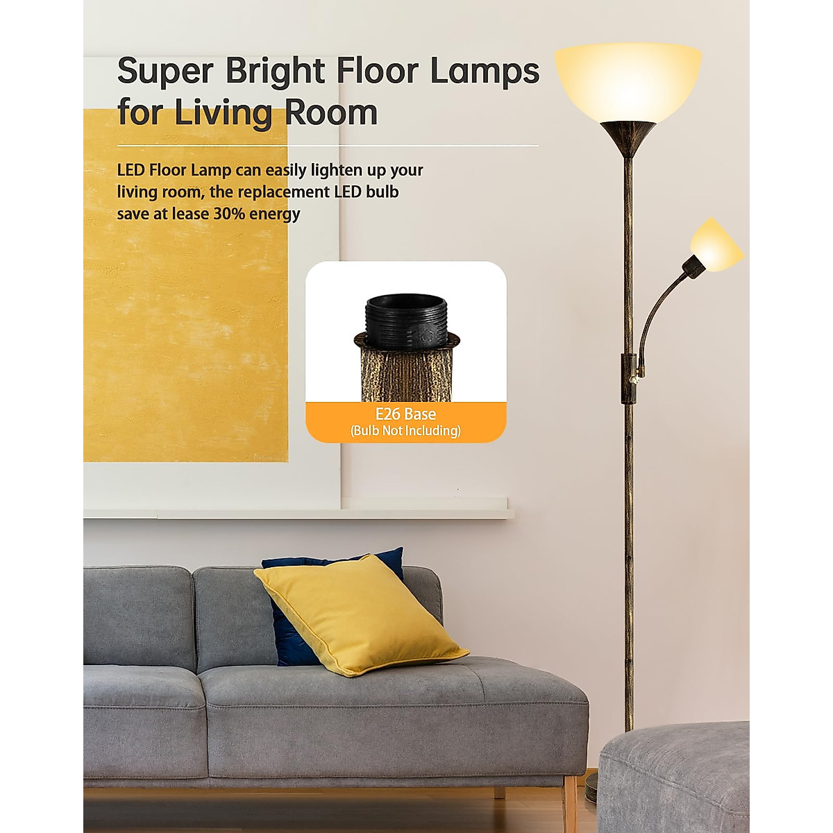 BoostArea Floor Lamps for Living Room, Standing Lamp, 71" Torchiere Floor Lamp with Reading Lamp, 3 Way Switch, Corner Floor Lamps for Living Room/Bedroom, Rustic Bronze Floor Lamp(E26 Base, No Bulb)