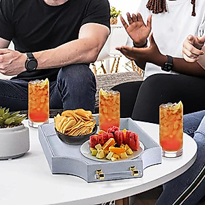 Sophinique Shagreen Vegan Leather Scallop Edges Serving Tray for Drinking & Food, Wooden Tray with Acrylic Handles for Watches, Mobiles, Cosmetics, Non-Slip Bottom Ottoman Decorative Tray (Blue)