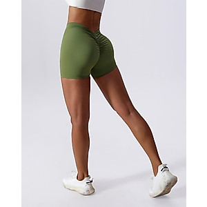ABOCIW Biker Shorts for Women Buttery Soft V Back Scrunch Butt Workout Shorts High Waist Booty Yoga Shorts Tummy Control Running Athletic Gym Shorts Army Green Medium