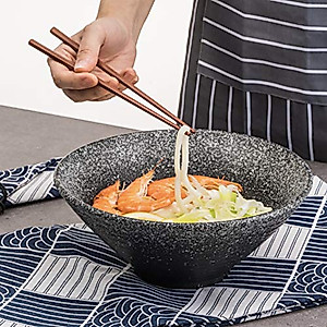 Alex Kato Ceramic Japanese Ramen Bowls Set of 2 - 60 ounce Large Noodle Soup Bowl, with Chopsticks and Spoon for Asian Pho Udon Soba (Black)