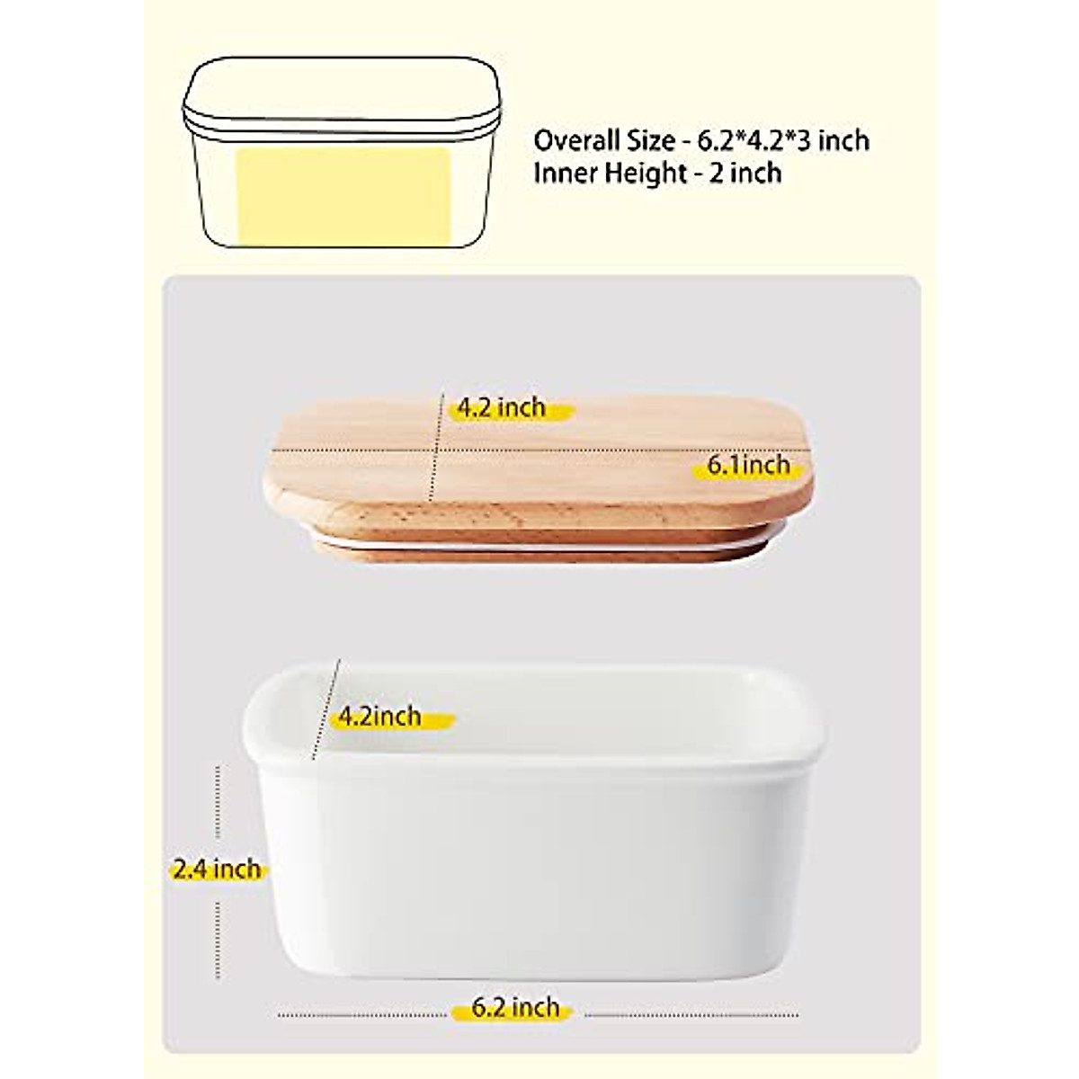 Airtight Better Dish with Lid for Countertop, Large Butter Dish with Cover, Porcelain Butter Keeper for East West Coast Butter and 8oz Butter, White - Better Butter