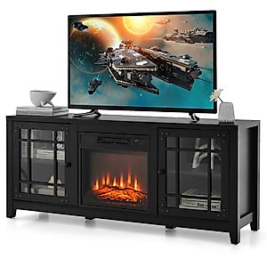 GOFLAME 58" Fireplace TV Stand for TVs up to 65 Inches, Wooden TV Console with 18” Electric Fireplace Insert, Fireplace TV Cabinet, Entertainment Center with Remote Control, Adjustable Shelves, Black