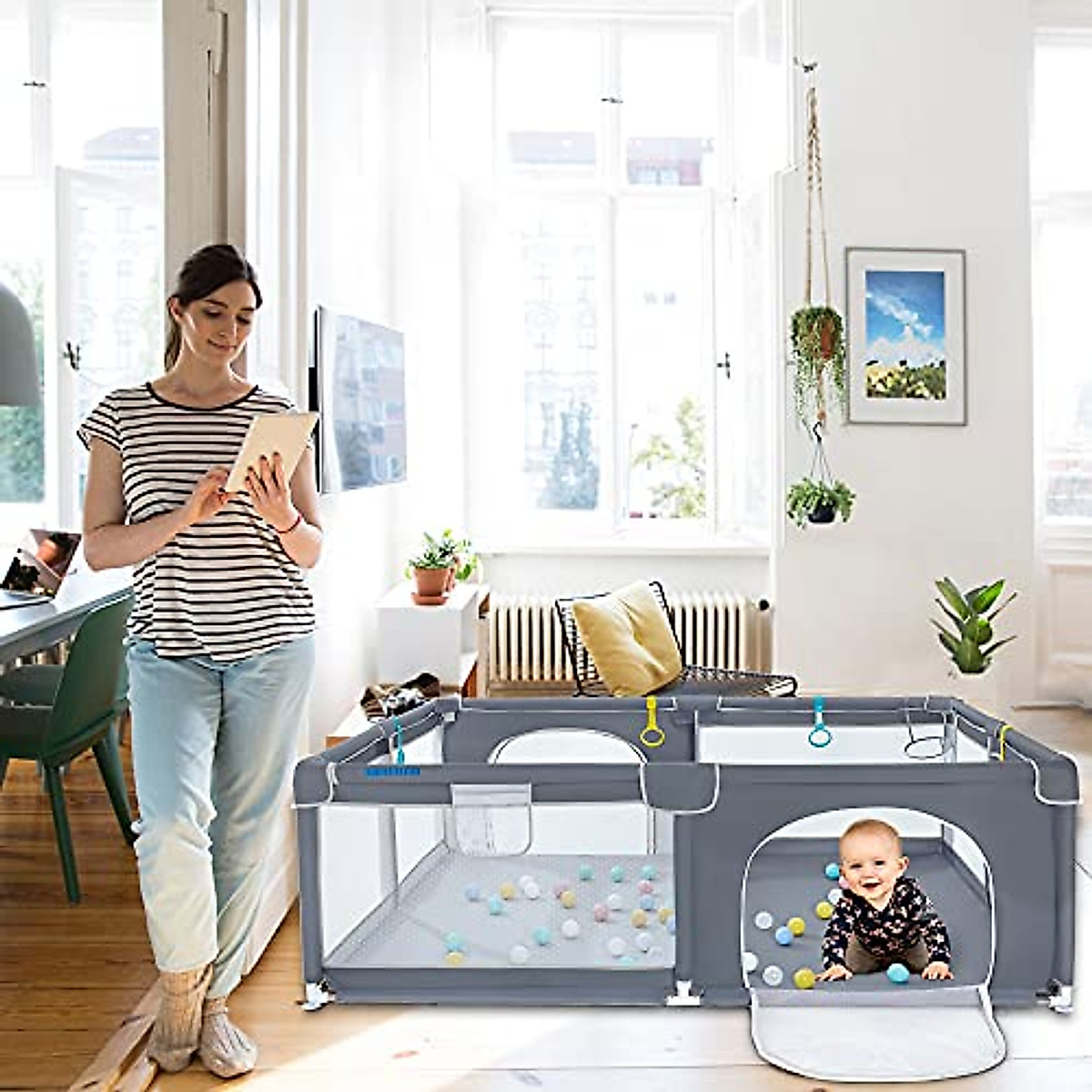 Baby Playpen, 78" x 62" x 26" Playpen for Babies and Toddlers, Indoor & Outdoor Kids Activity Center, Sturdy Safety Play Yard with Soft Breathable Mesh, Dark Grey (Including 50 Ocean Balls)