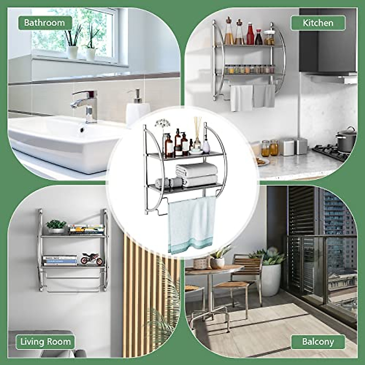 Safstar Wall Mounted Bathroom Shelf, 2-Tier Metal Bathroom Towel Rack w/Leaky Design Shelves & Towel Bars, Chrome Bathroom Shelf for Living Room Kitchen Bathroom, 18"W X 10"D X 22"H, Silver