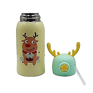 Thermos Water Bottle for Kids, 18/10 Stainless Steel Insulated Flask Bottles with Straw. 2 Lids, Pouch, Reindeer, 17 OZ