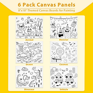 AUREUO Pre Drawn Canvas - 6 Pre Printed 8x10 Canvas, Acrylic Paints, Wood Easel, Smock, Paint Brushes & Palette Art Gift for Boys Girls