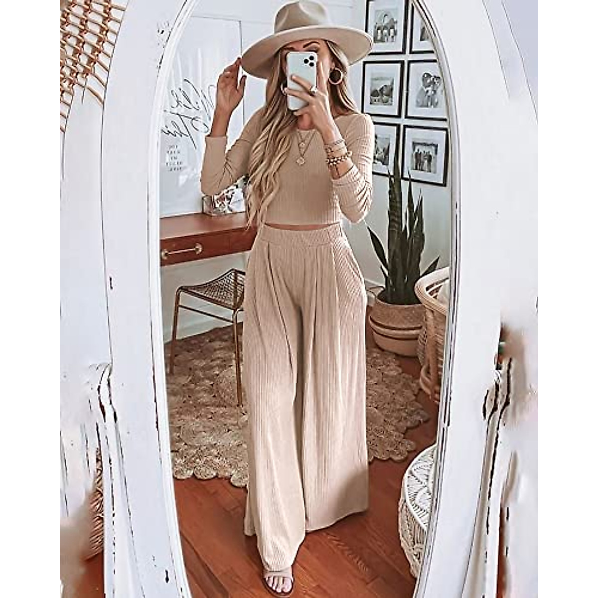 BTFBM Women's Two Piece Lounge Set Long Sleeve Bodycon Ribbed Knit Crop Top Loose Wide Leg Pant Casual Outfits Sweatsuit(Solid Apricot, Small)