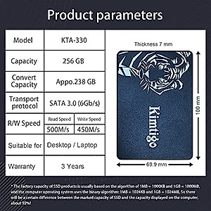kimtigo 2.5" Internal SSD 256GB, 3D NAND Solid State Drive, SATA III 6Gb/s 2.5 inch 7mm (0.28”), Read up to 500MB/s