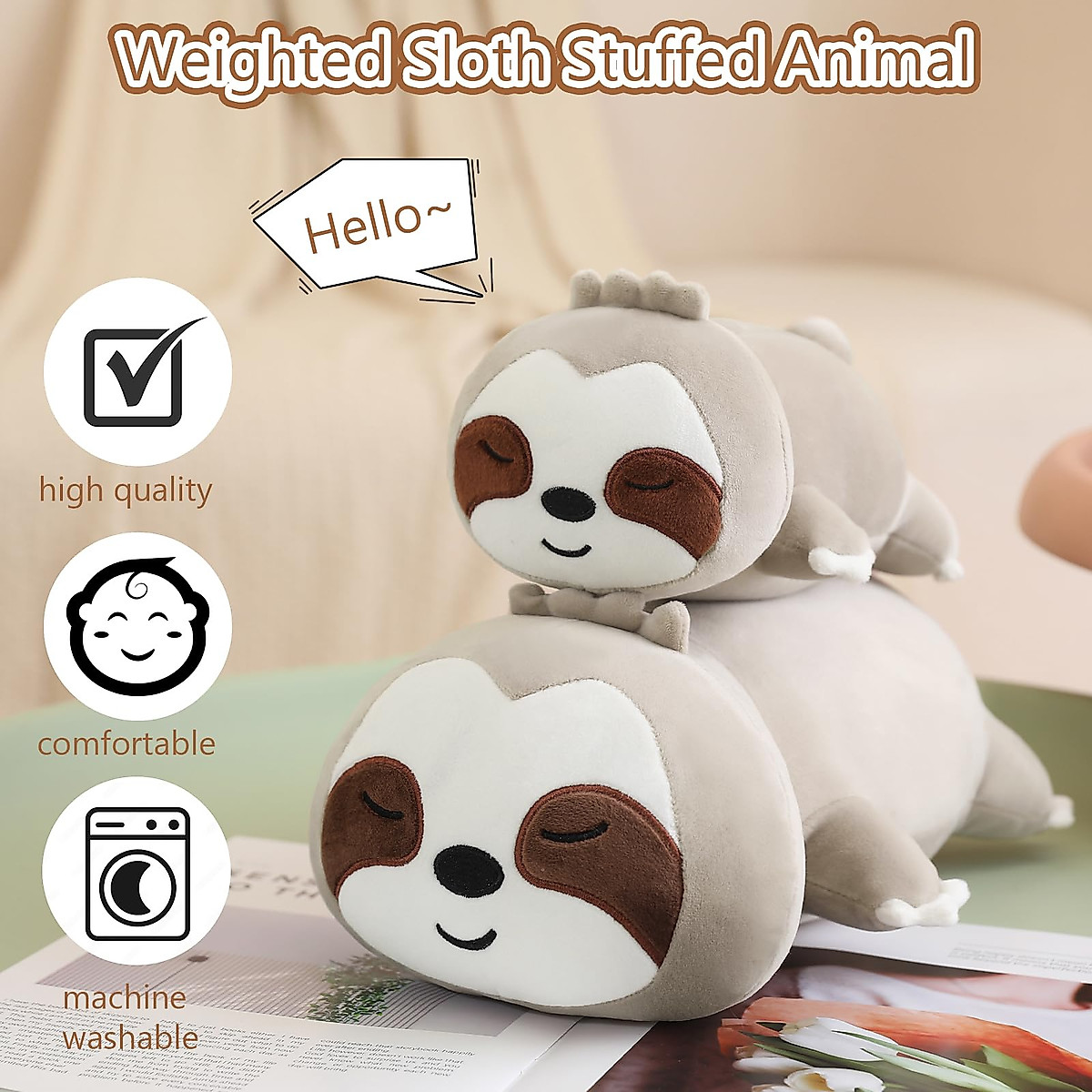 SQEQE Weighted Sloth Plush, Weighted Sloth Stuffed Animal for Anxiety, Cute Sloth Plushies Sloth Pillow Toy Gift for Kids Adults Brown 9.8 Inch, 0.8 lbs