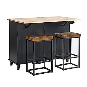 CuisinSmart Kitchen Island with Seating, Kitchen Storage Islands with Drop Leaf and 2 Seatings, 5 Drawers, Solid Wood Dining Table Set with Storage Cabinet and Towel Rack