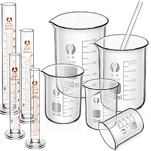 Feekoon 10 Pieces Glass Measuring Beaker Graduated Measuring Cylinder with Stirring Rod 50/100/ 250/500/ 1000 ml Thick Glass Beakers 5/10/ 50/100 ml Graduated Cylinders for Science Lab (9.8 Inch)