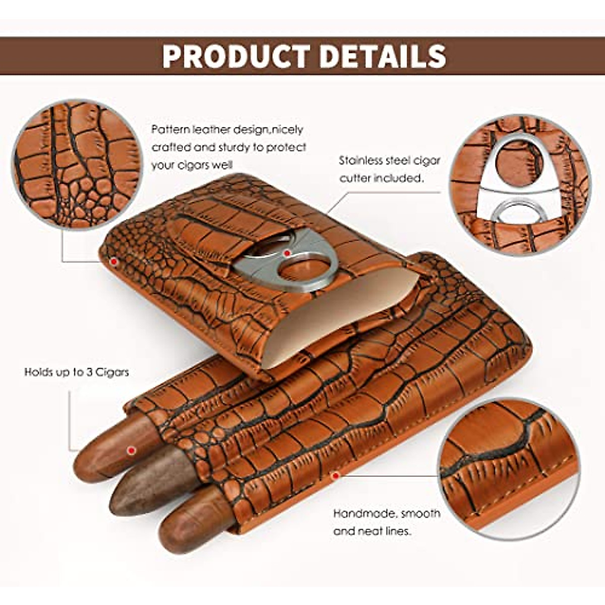 wanbro Cigar Case, 3pcs Holder, Cigars Travel Case, Leather Made Cigar Humidor with Stainless Cutter, Fashion Father's Day gift for men dad