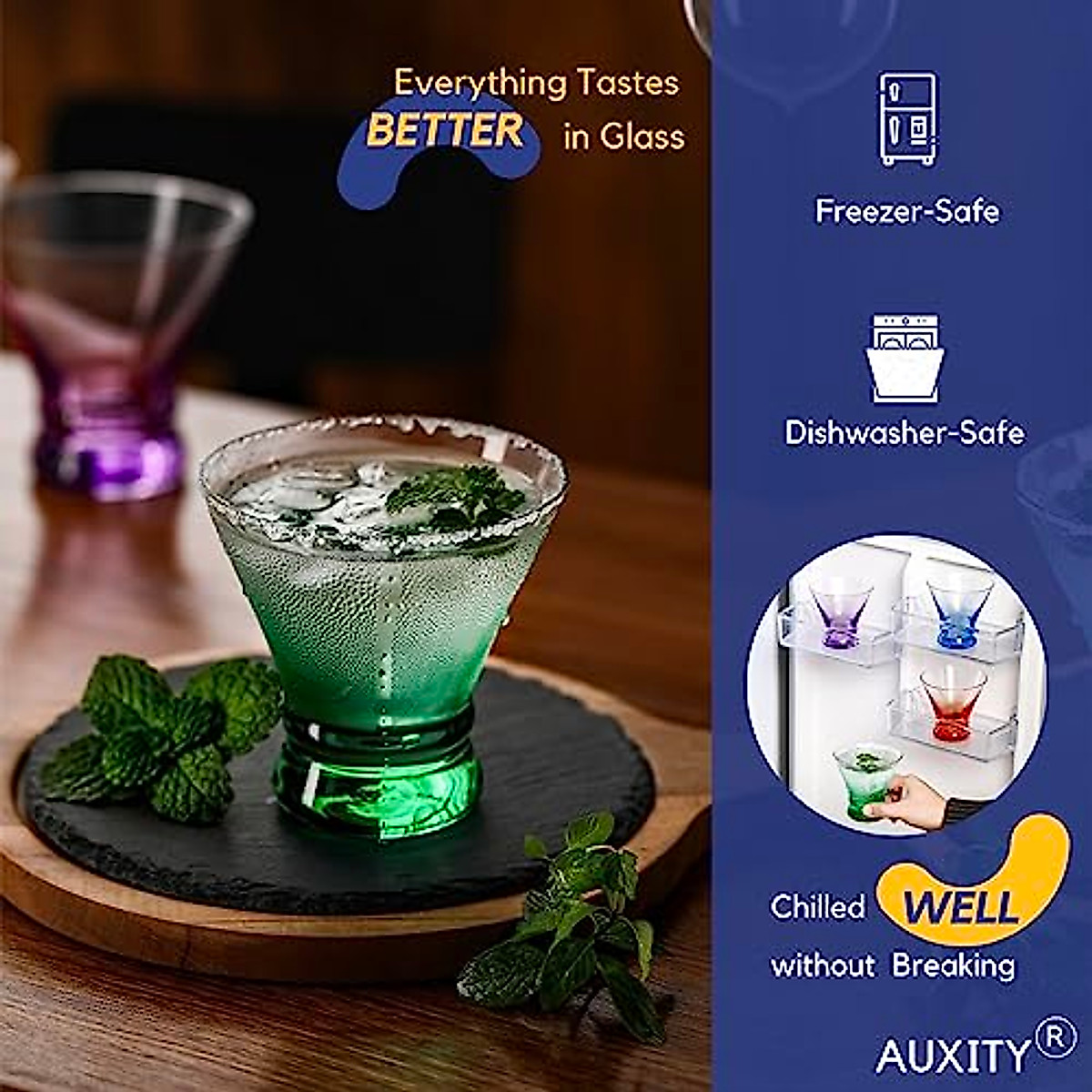 ColoVie Martini Glasses Set of 6(8oz) - Stemless Martini Glass- Colored Cocktail Glasses - Margarita Glasses - Espresso Martini Glass Cups- Home Bar - Party,Birthday,Housewarming Gift