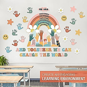 92 Pieces One World Together Classroom Decorations We Can Change The World Classroom Wall Decor We are and Together Hands Cutouts with Stars Rainbow Cutouts for School Classroom Decor (Retro)