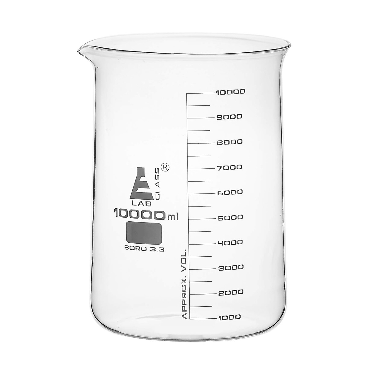 EISCO Beaker, 10,000ml - Low Form with Spout - White, 500ml Graduations - Borosilicate 3.3 Glass - 10L Beaker, Large Beaker