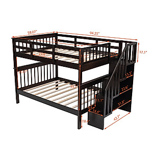 Harper & Bright Designs Full Over Full Bunk Bed with Stairs, Solid Wood Bunk Bed with Storage and Guardrail for Kids Teens Adults (Espresso)