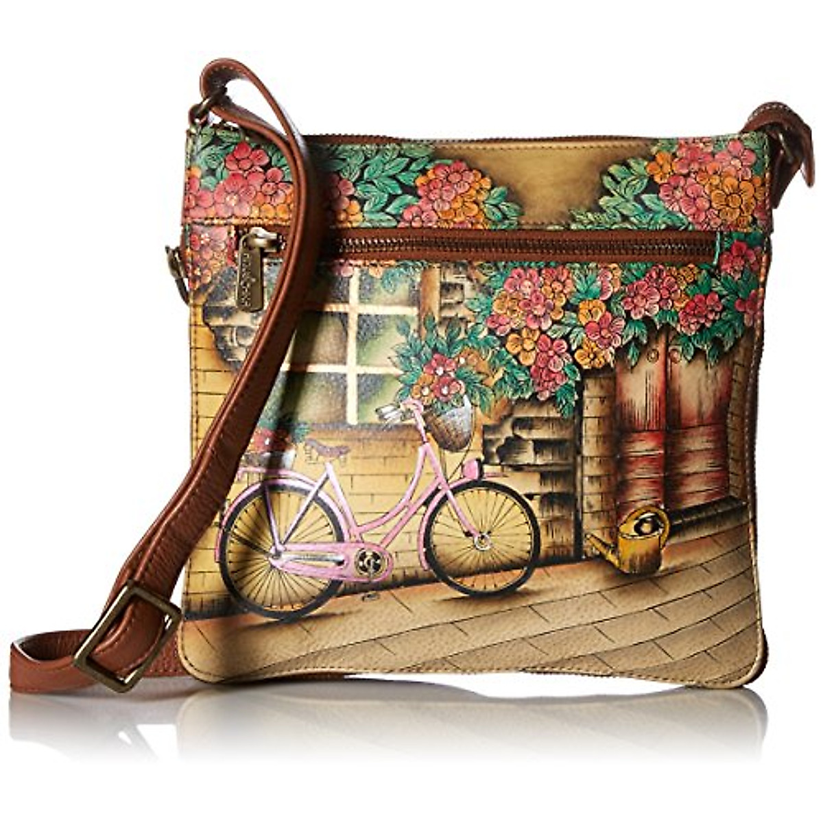 Anuschka Women’s Hand Painted Genuine Leather Expandable Travel Crossbody - Vintage Bike