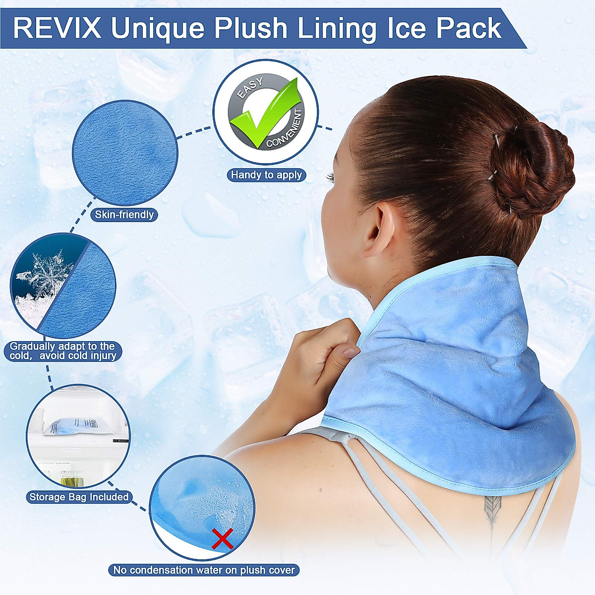 REVIX Neck Ice Pack Wrap with Strap and Soft Plush Lining Cold Pack for Neck Pain Relief, Cool Reusable Freezer Gel Pad for Swelling, Injuries and Post-Surgery Recovery