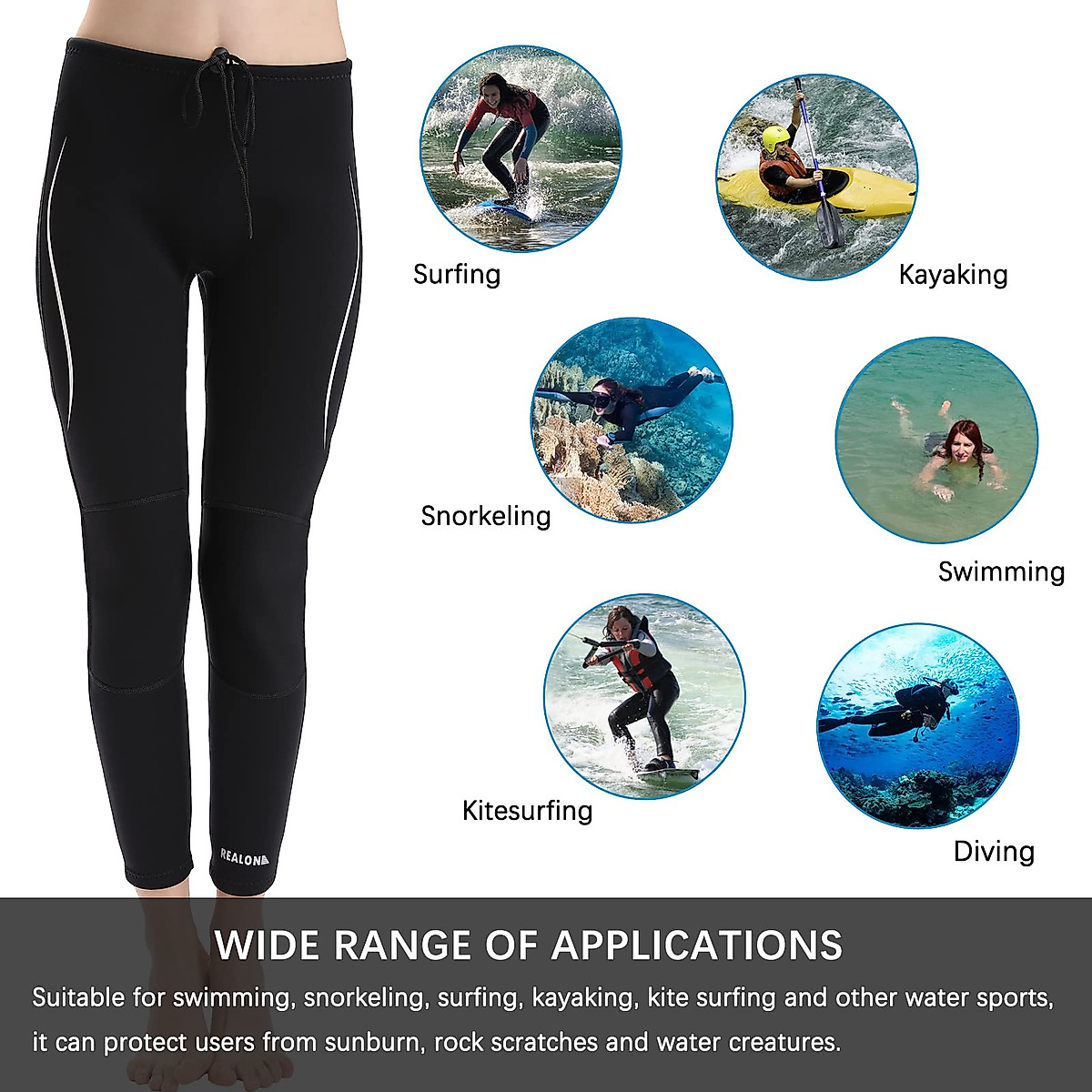 REALON Wetsuit Pants Men Womens Wet Suits Swim Tights 3mm Neoprene Swimming Leggings 2mm Long Diving Surfing Kayak Pant Keep Warm for Workout Scuba Snorkeling Canoeing Water Sports