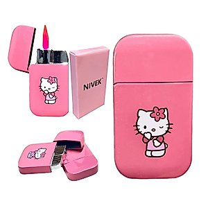 NIVEK Kitty Lighter Pink Flame KT Cat Dress Pink Top Torch Pocket Size Glitter Y2K Refillable Kawaii Windproof Flame Anime with Box