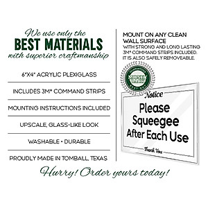 Airbnb Essentials for Hosts Bathroom Signs - 4"x6" Acrylic Sign w/Mounting Tape - Please Squeegee After Each Use Bathroom Sign Rental Home Necessities - Bathroom Door Signs