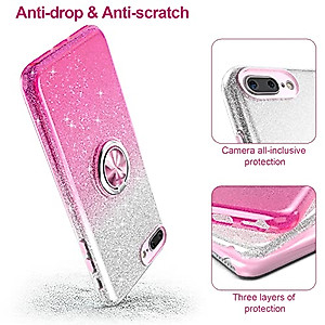 PeeTep iPhone 8 Plus Case, iPhone 7 Plus Case for Girls Women, Slim Glitter Sparkly Case with 360°Ring Holder Kickstand Magnetic Car Mount Shock-Absorbent Protective Durable Cover,Pink