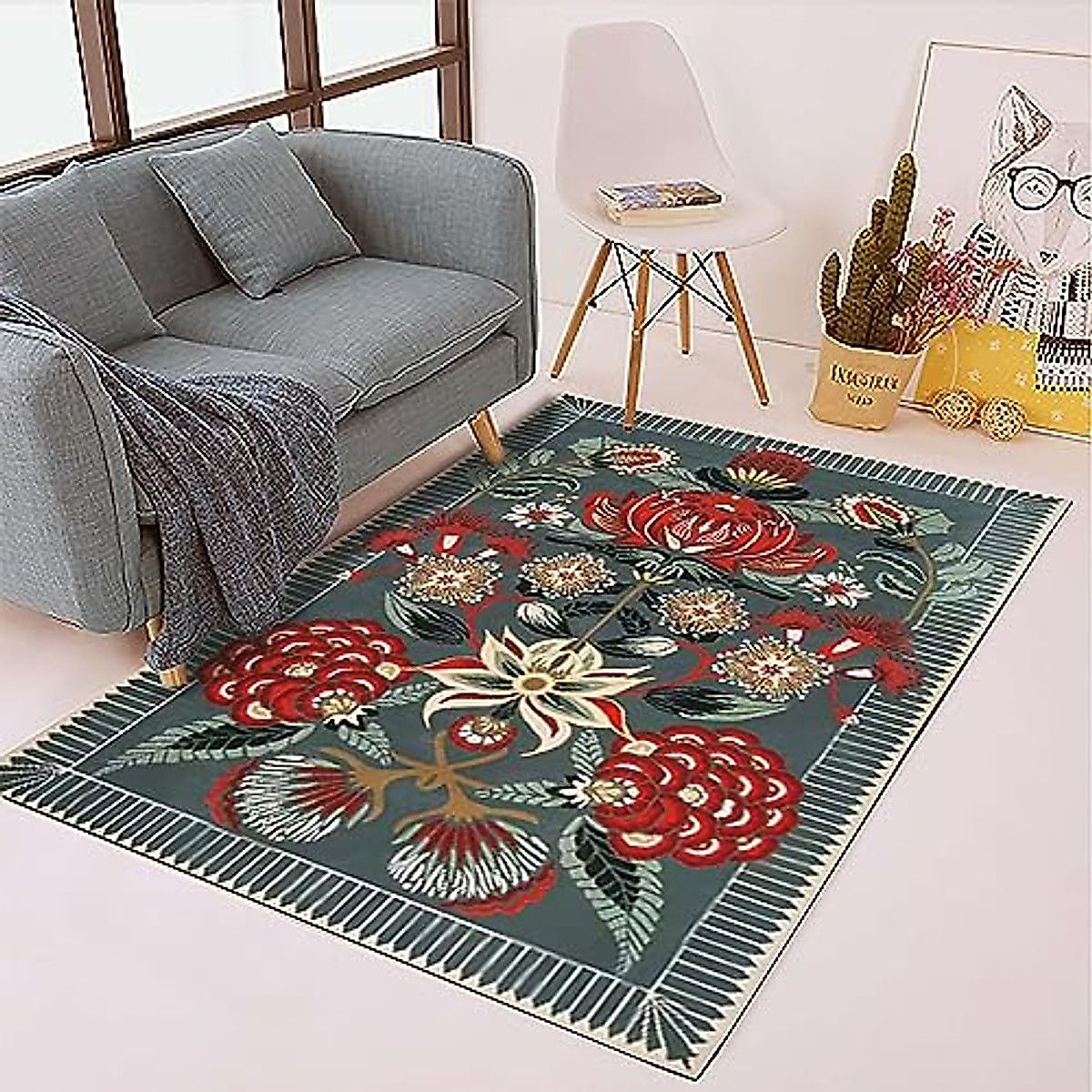 Country Style Area Rugs, 5x7ft, Modern Farmhouse Red Flowers and Green Leaves Traditional Art Rug Non-Slip Low-Pile Dining Room Mat Indoor Accent Carpet for Office Home