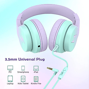 Candy Bila Kids Headphones, Wired Headphones for Kids Over Ear with Microphone, 85/94dB Volume Limiter Headphones for Girls Boys with Sharing Jack, Foldable Headphones for Online Study,Gradient Purple